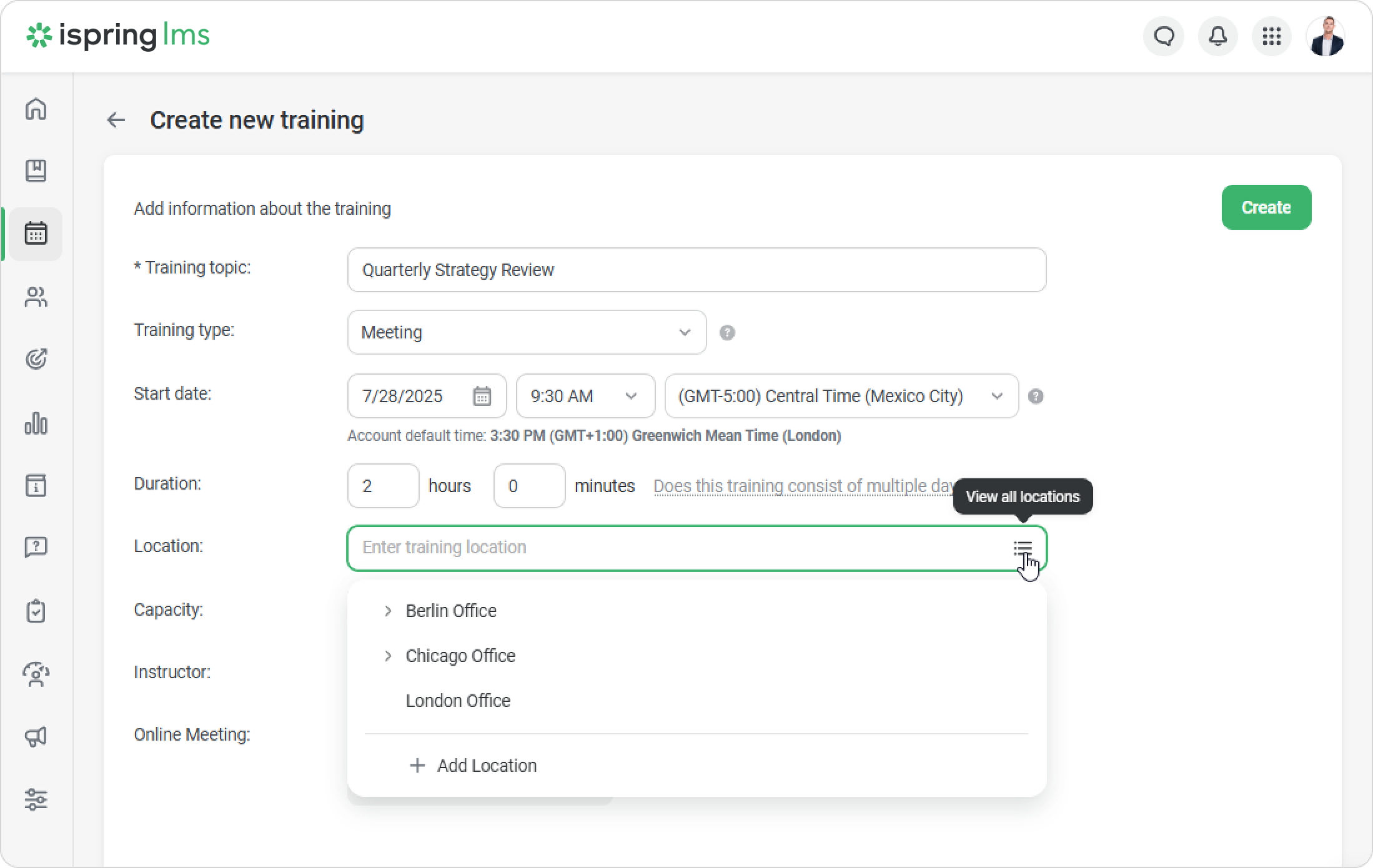 How to Select a Location When Creating a Training
