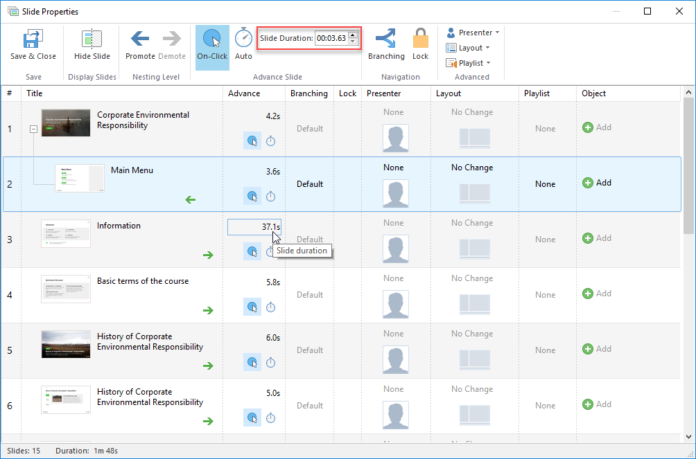 Adjusting Slide Duration